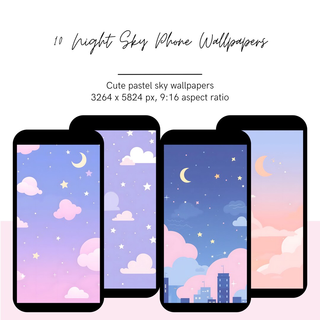 Night Sky Phone Wallpaper Cute, Pastel, Stars, Moon, Clouds, Instant ...