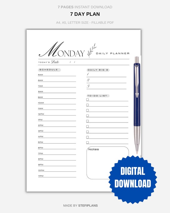 7 Days Planner Weekly Printable Planner Instant Download - Etsy