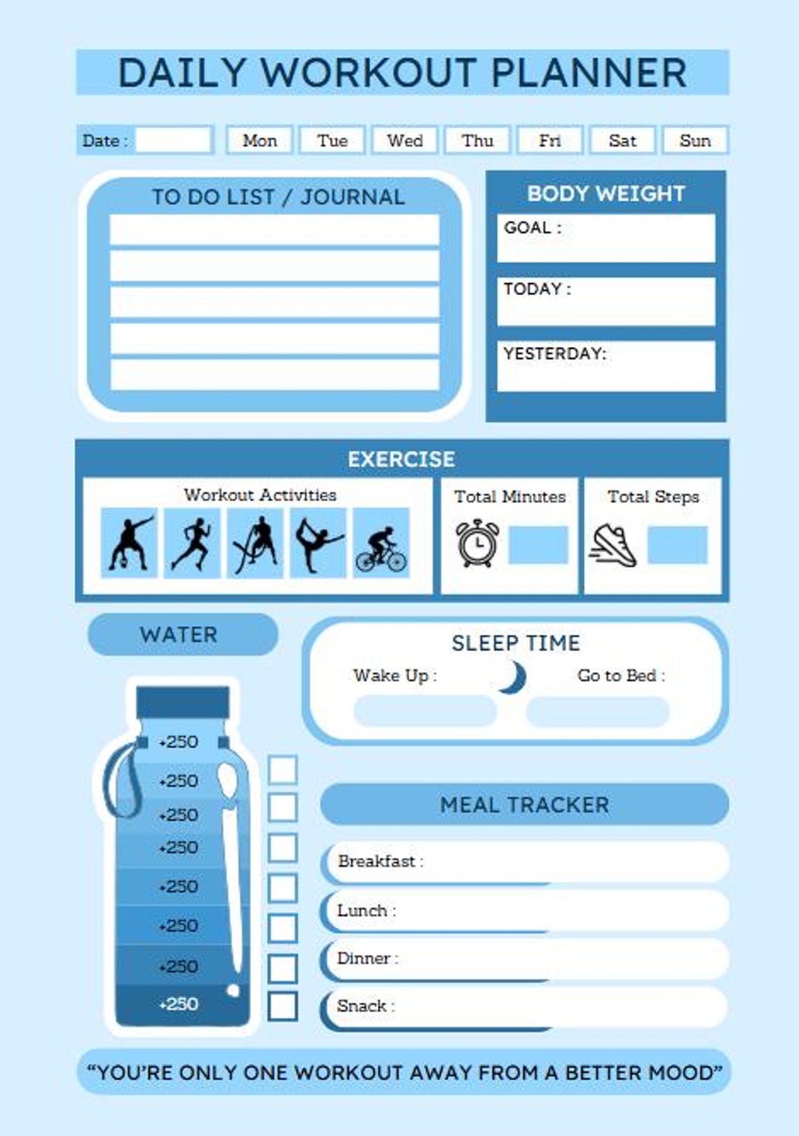Digital Fitness Planner Printable | Daily Workout Log, Meal Plan ...