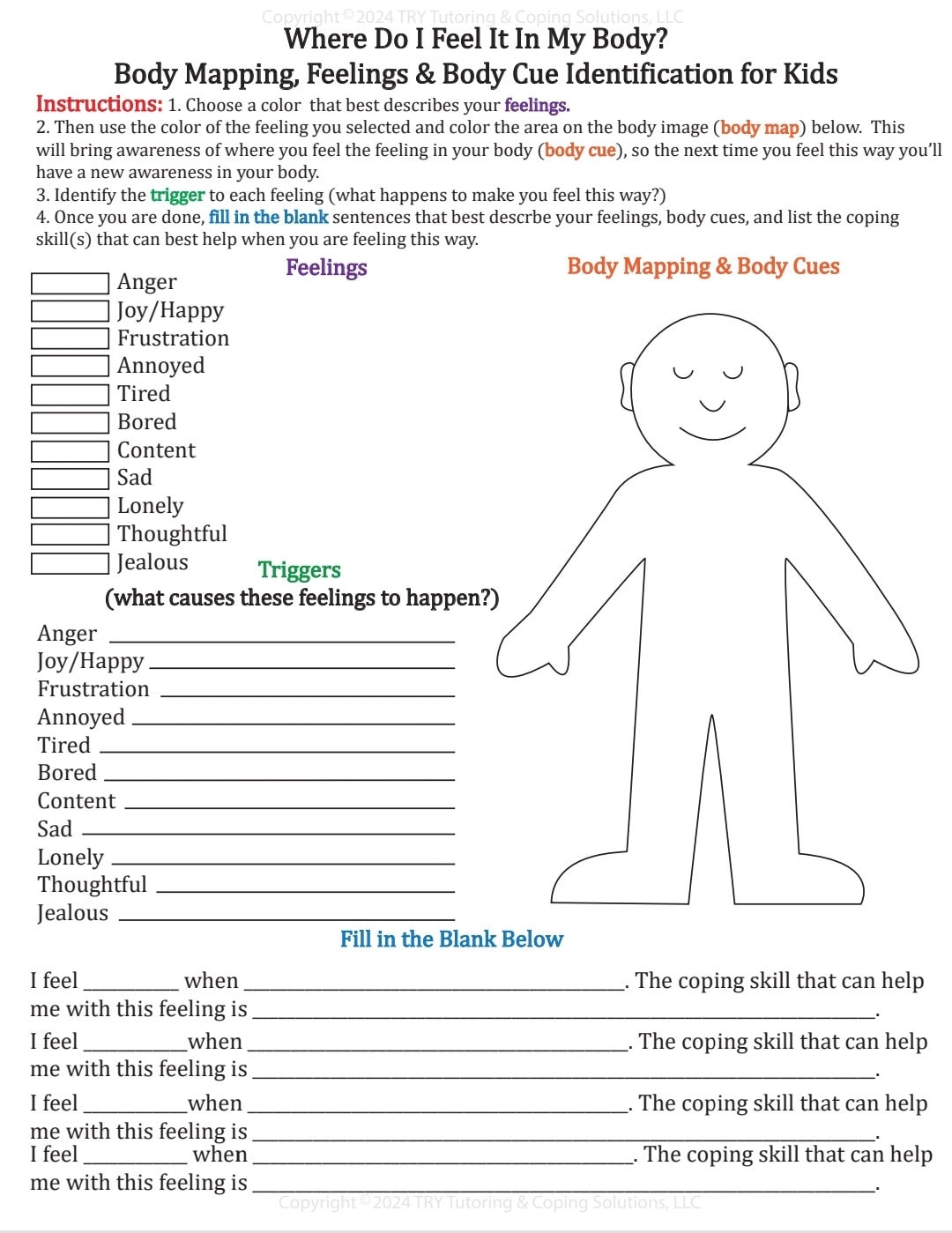 Feelings, Triggers, Body Map, Body Cues and Coping Skill Identification ...