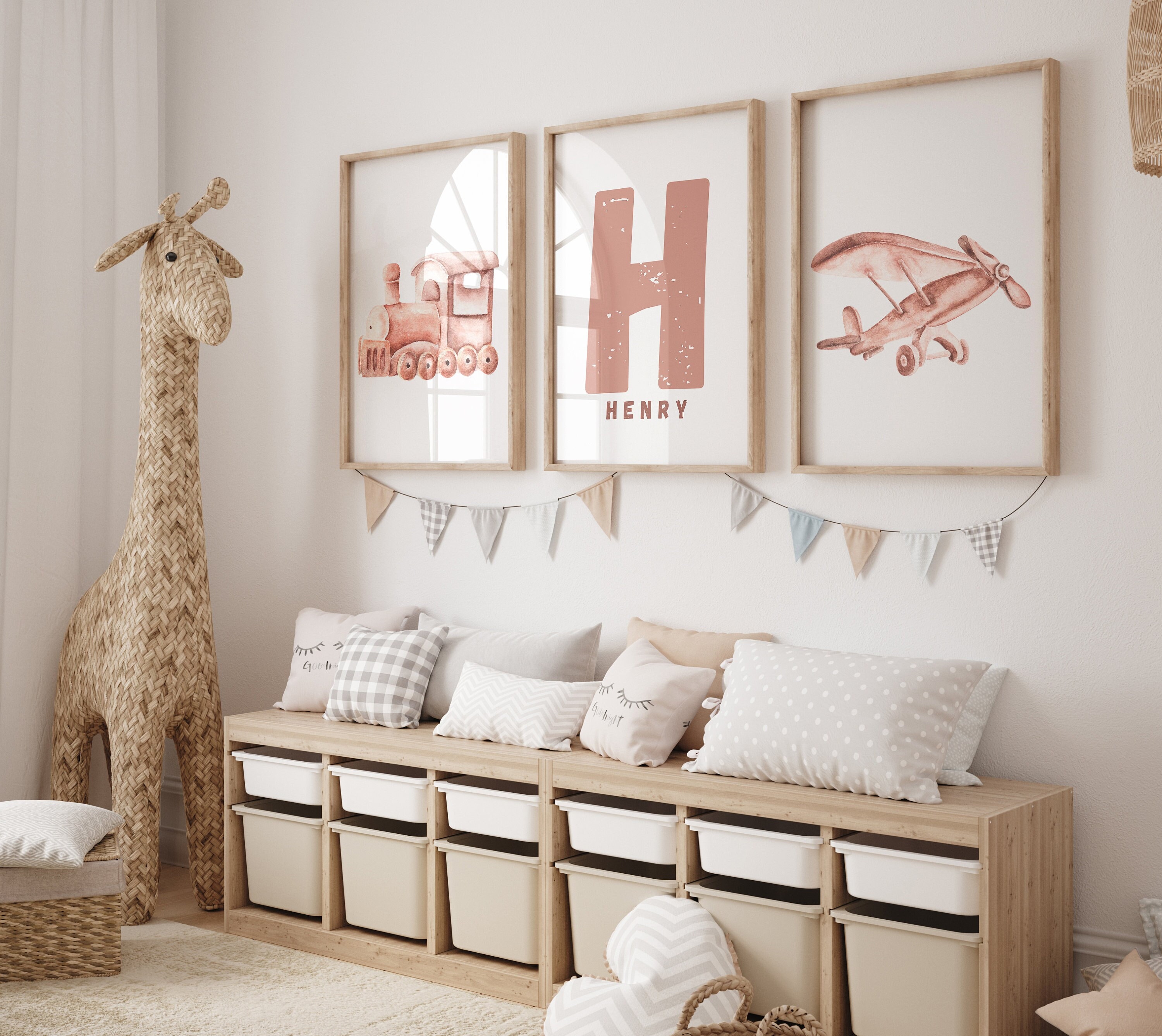 Set of 3 Aeroplane & Train Wood Toy Prints for Baby Nursery or Boy ...