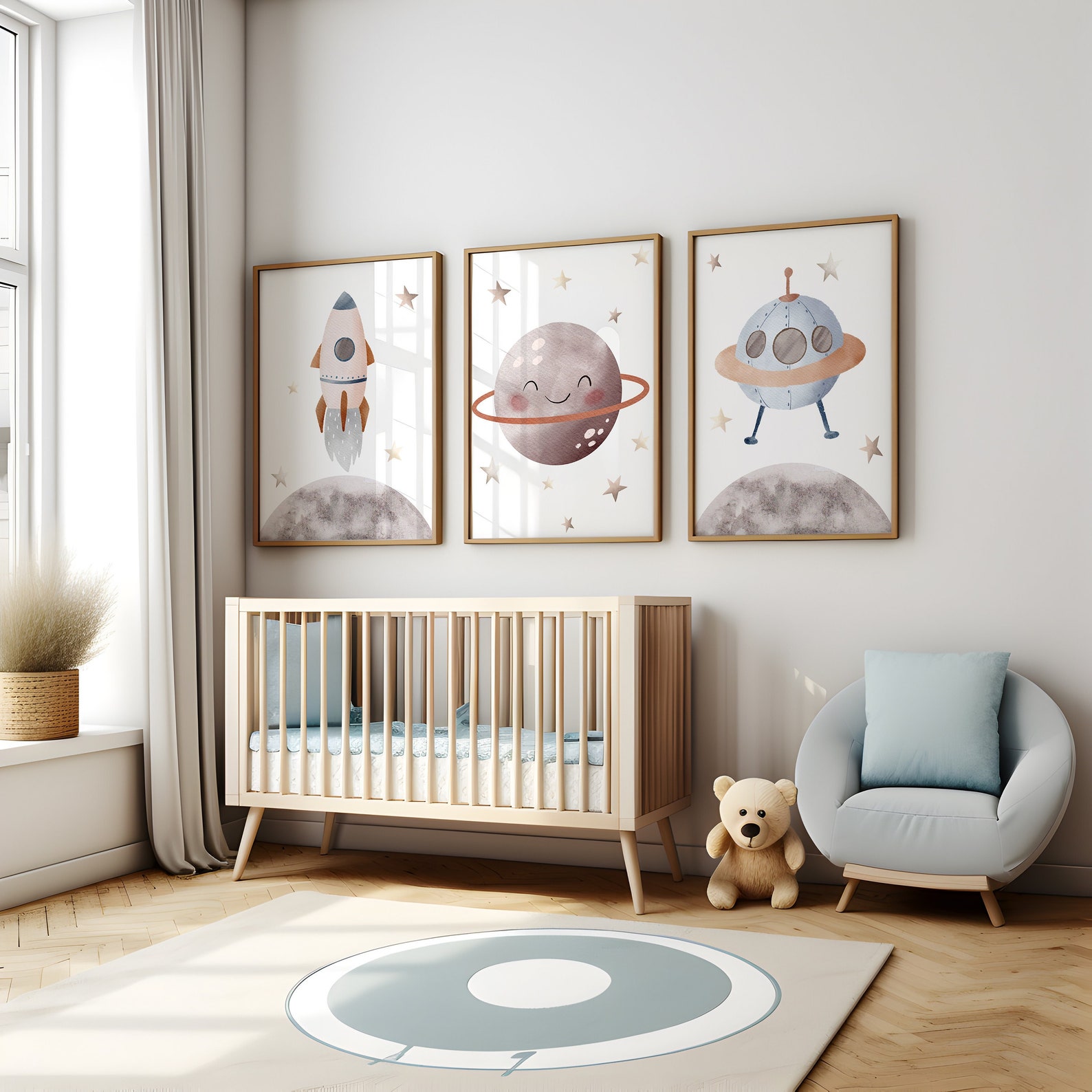 Set of 3 - Neutral Space and Planet Theme Prints for Baby Boy Nursery ...
