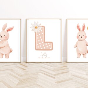 Set of 3 - Bunny Rabbit Daisy Prints, Baby Girl Nursery, Personalised ...