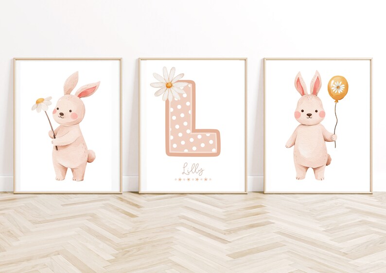 Set of 3 - Bunny Rabbit Daisy Prints, Baby Girl Nursery, Personalised ...