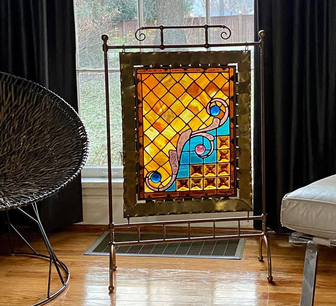 Buy Vintage Antique Brass and Stained Glass Fireplace Screen Online in India