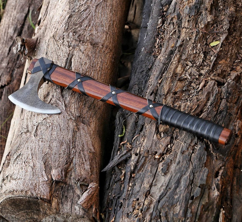 Carbon Steel Viking Axe With Pure Rose Wood Leather Wrapped Handle ...