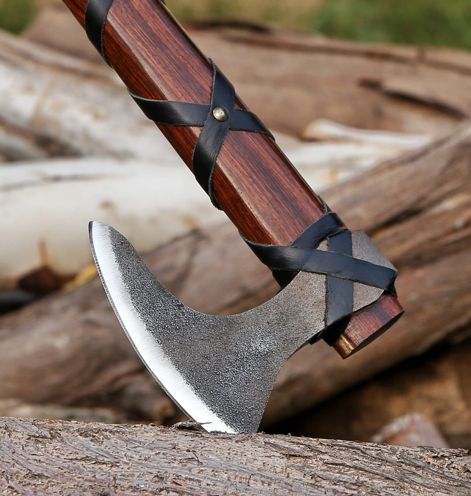 Carbon Steel Viking Axe With Pure Rose Wood Leather Wrapped Handle ...