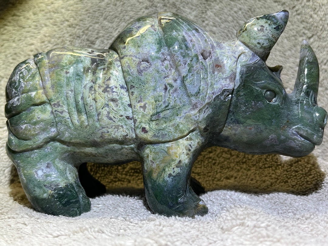 XXL, Large Moss Agate / Ocean Jasper Rhino Carving - Etsy