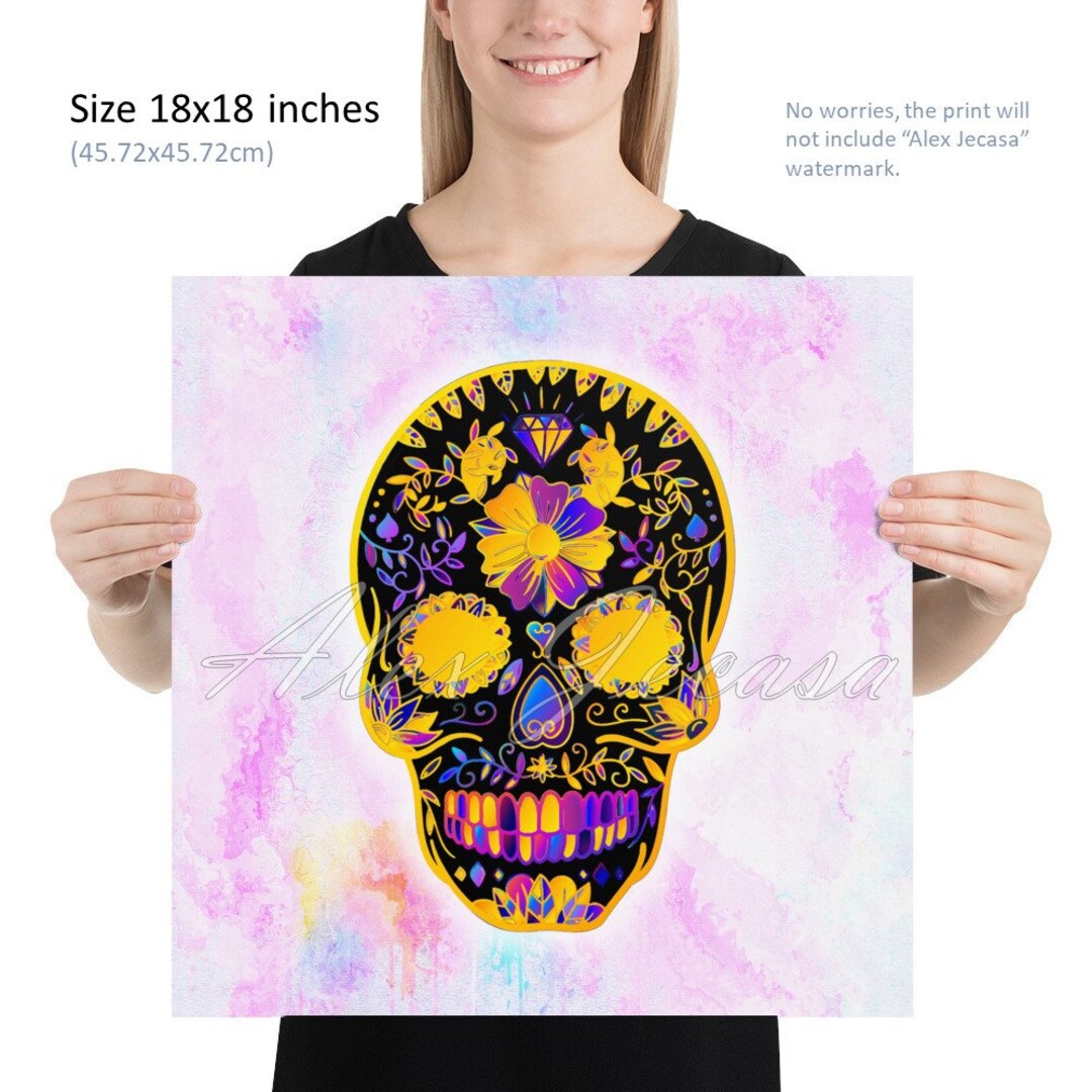 Poster Sugar Skull Day of the Dead Yellow Purple Print - Etsy