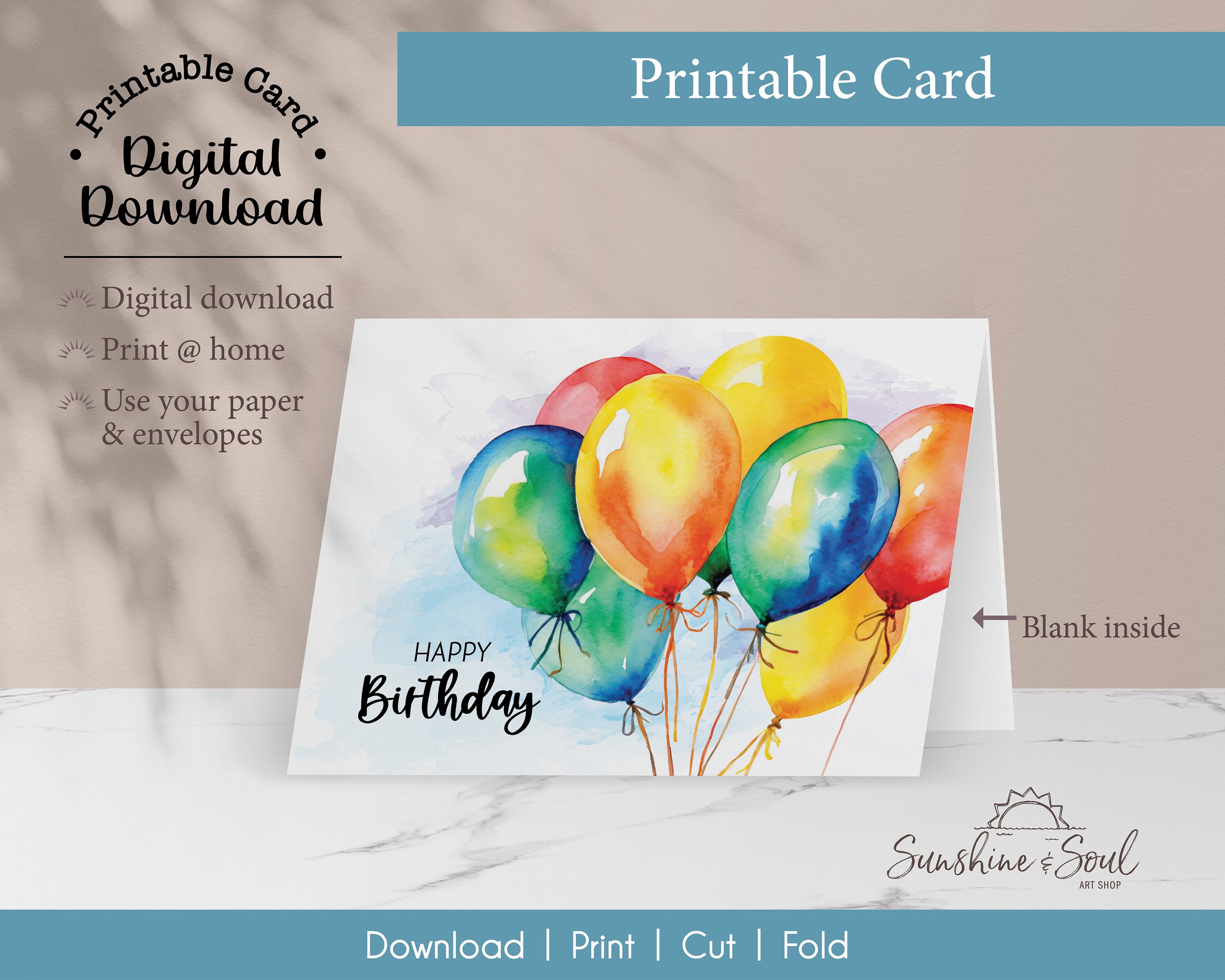 Happy Birthday, Colorful Balloons Printable Card (digital Download) - Etsy