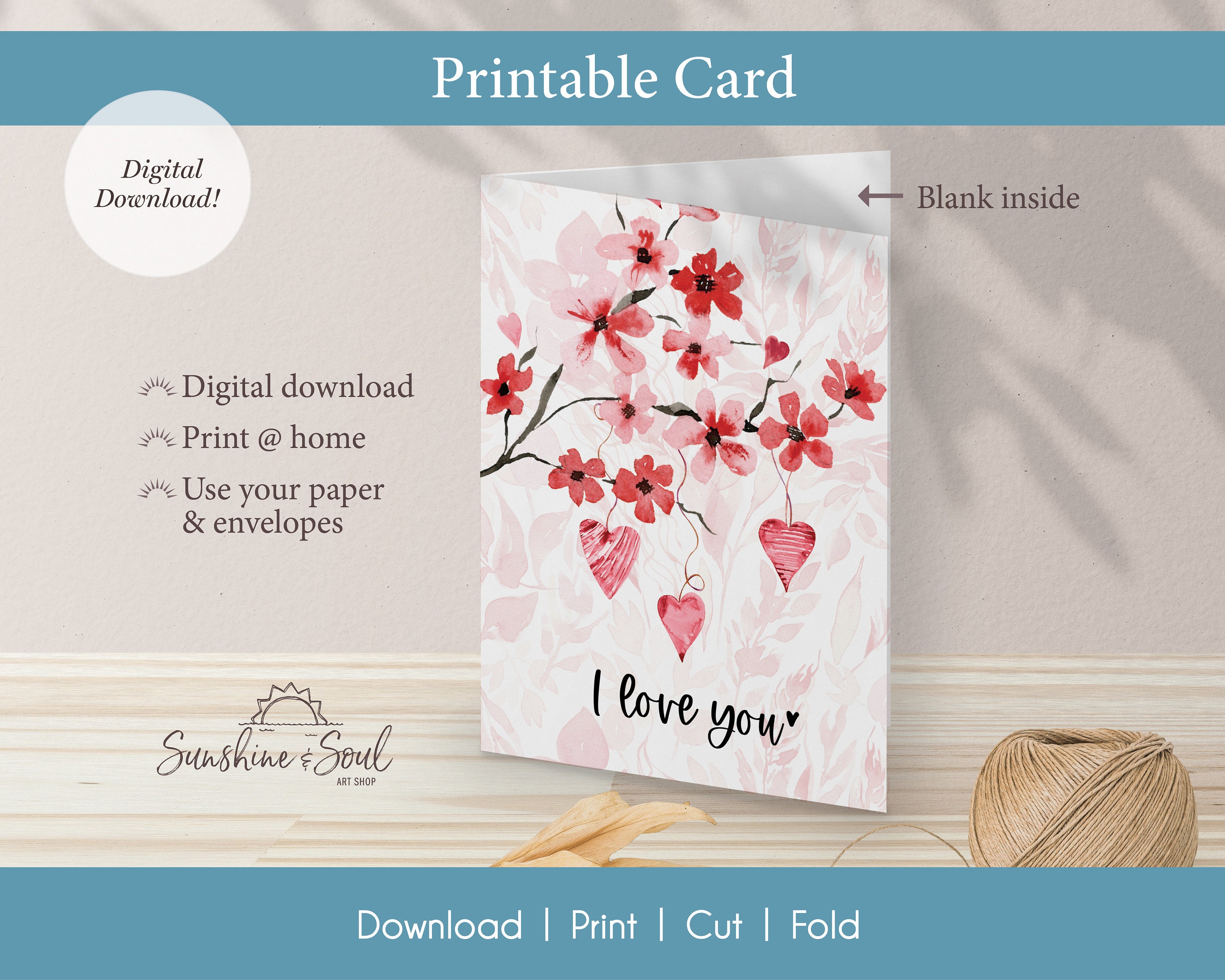 Printable I Love You Valentine, Watercolor Hearts and Flowers Printable ...
