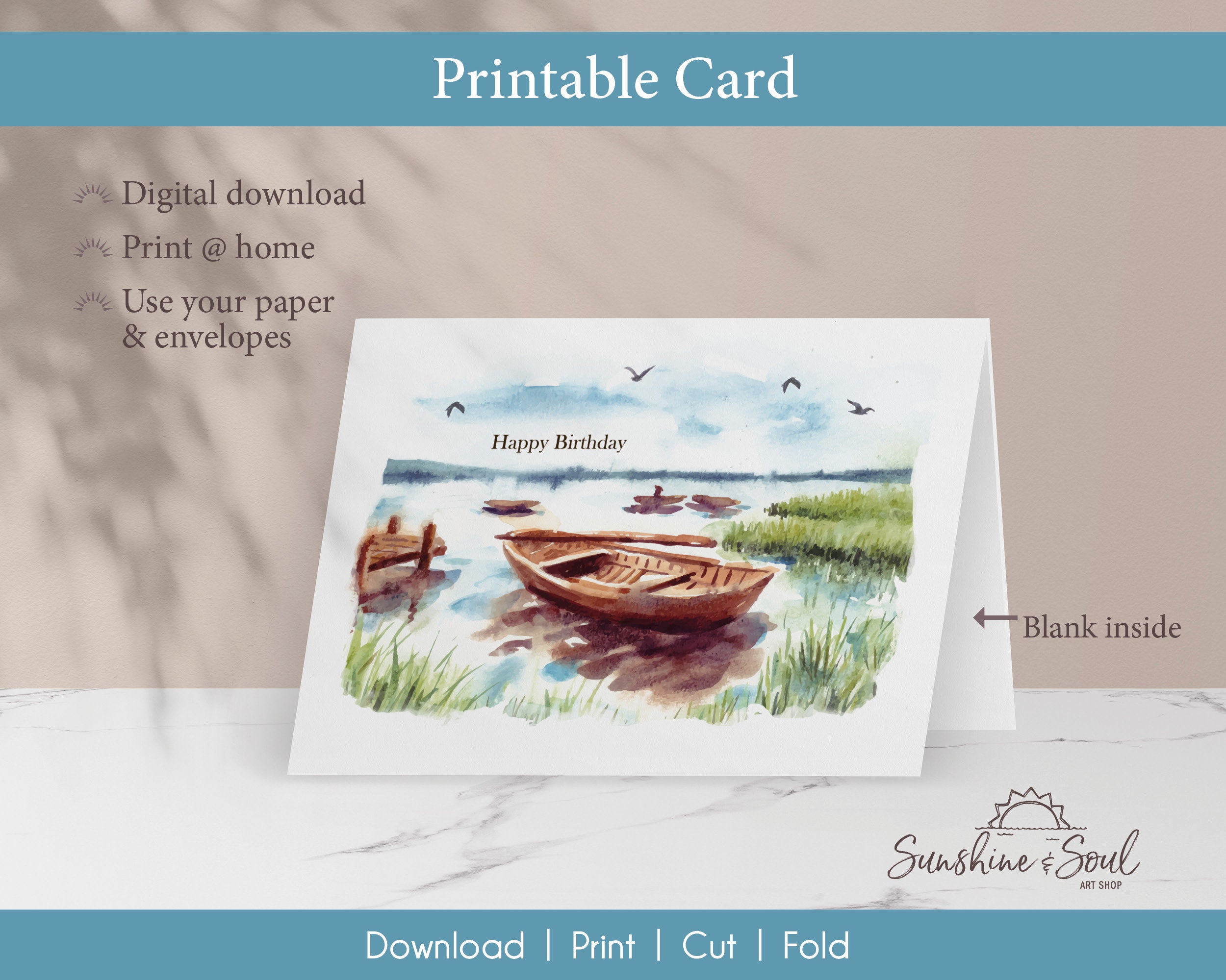Fishing Boat, Happy Birthday Card, Row Boat Birthday Printable Card ...