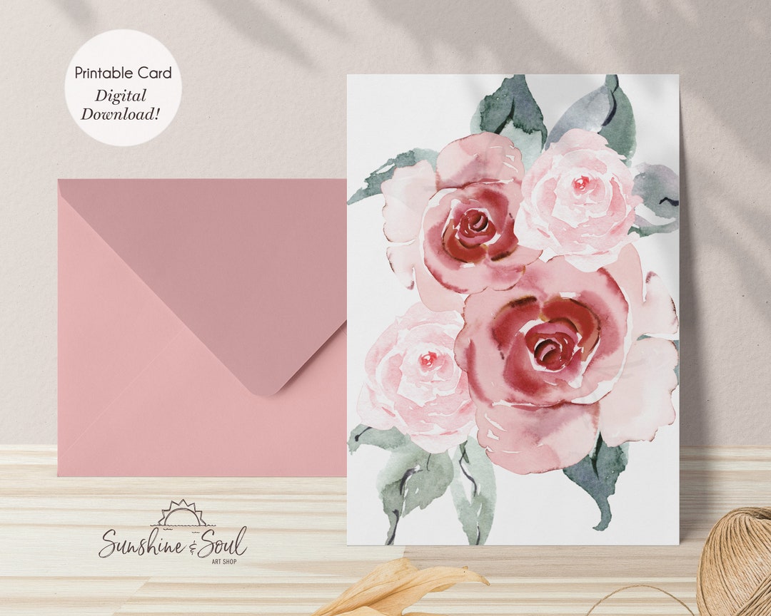Pink Roses Printable Card, Wedding, Anniversary, Birthday Greeting Card ...
