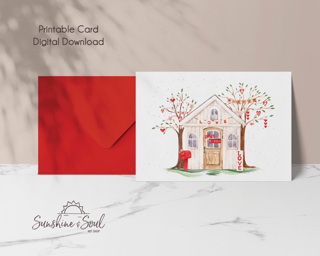 Valentine Cottage Printable Card, Love Hearts Valentine (digital ...