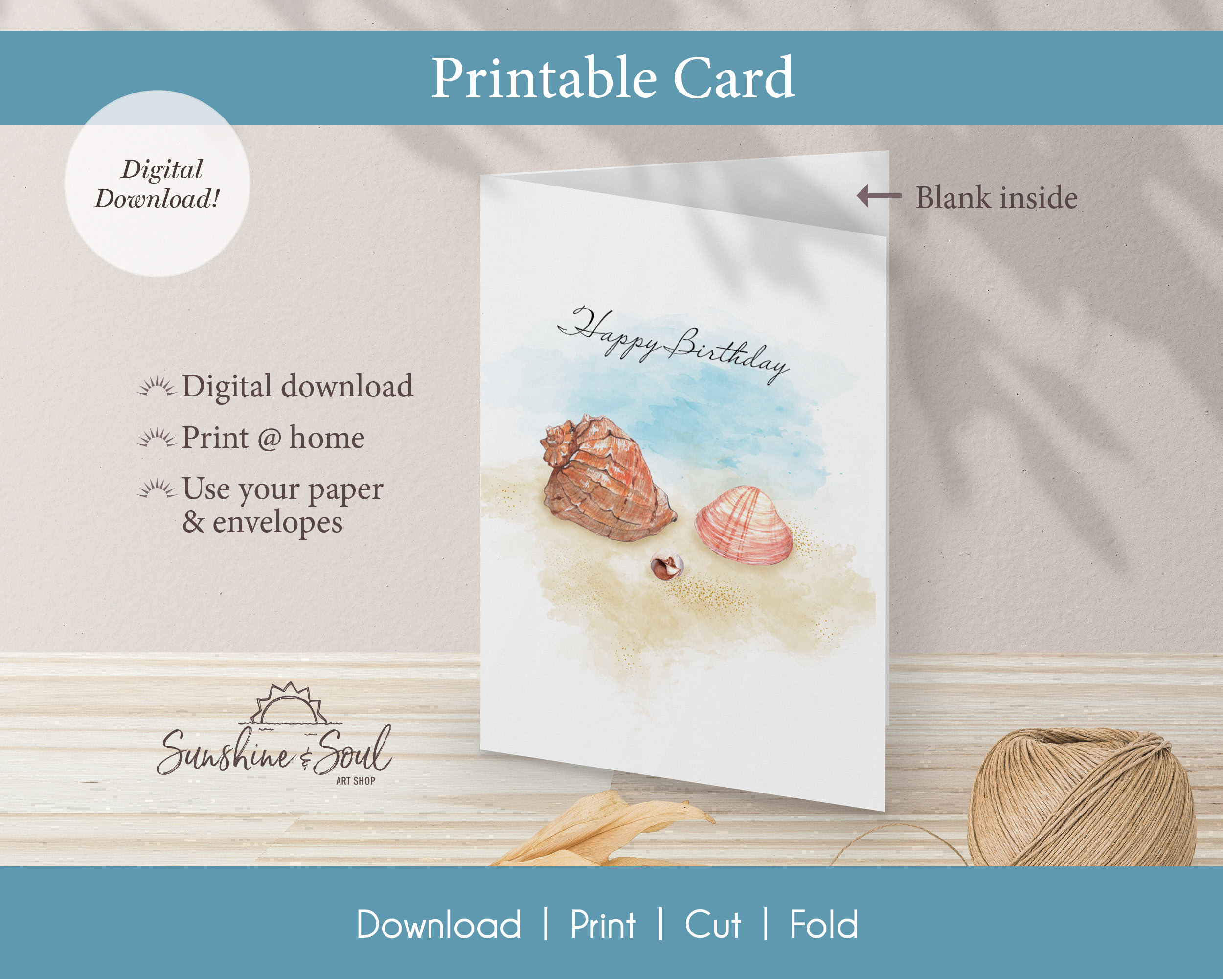 Happy Birthday Card, Sea Shell Printable Card, Beach Greeting Card ...