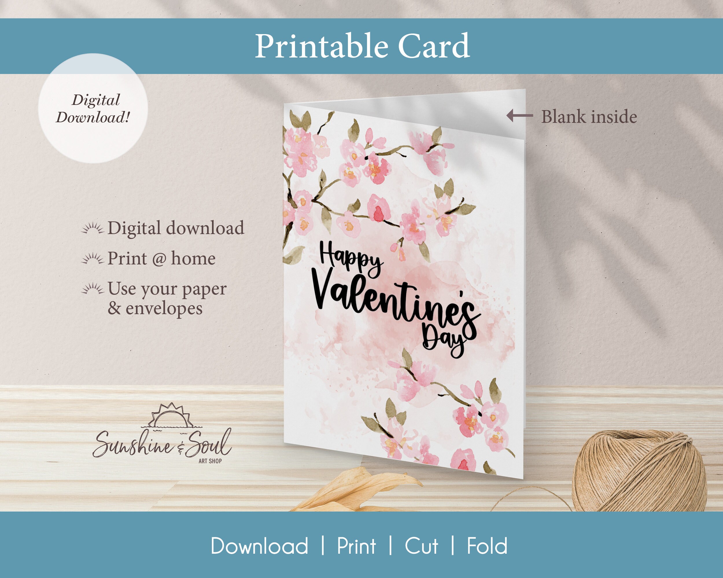 Cherry Blossom Floral Valentine Card, Happy Valentine's Day, Printable ...