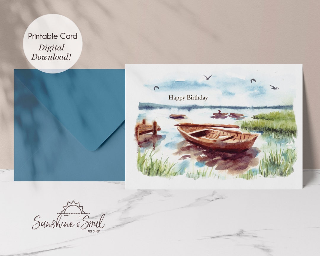 Fishing Boat, Happy Birthday Card, Row Boat Birthday Printable Card ...