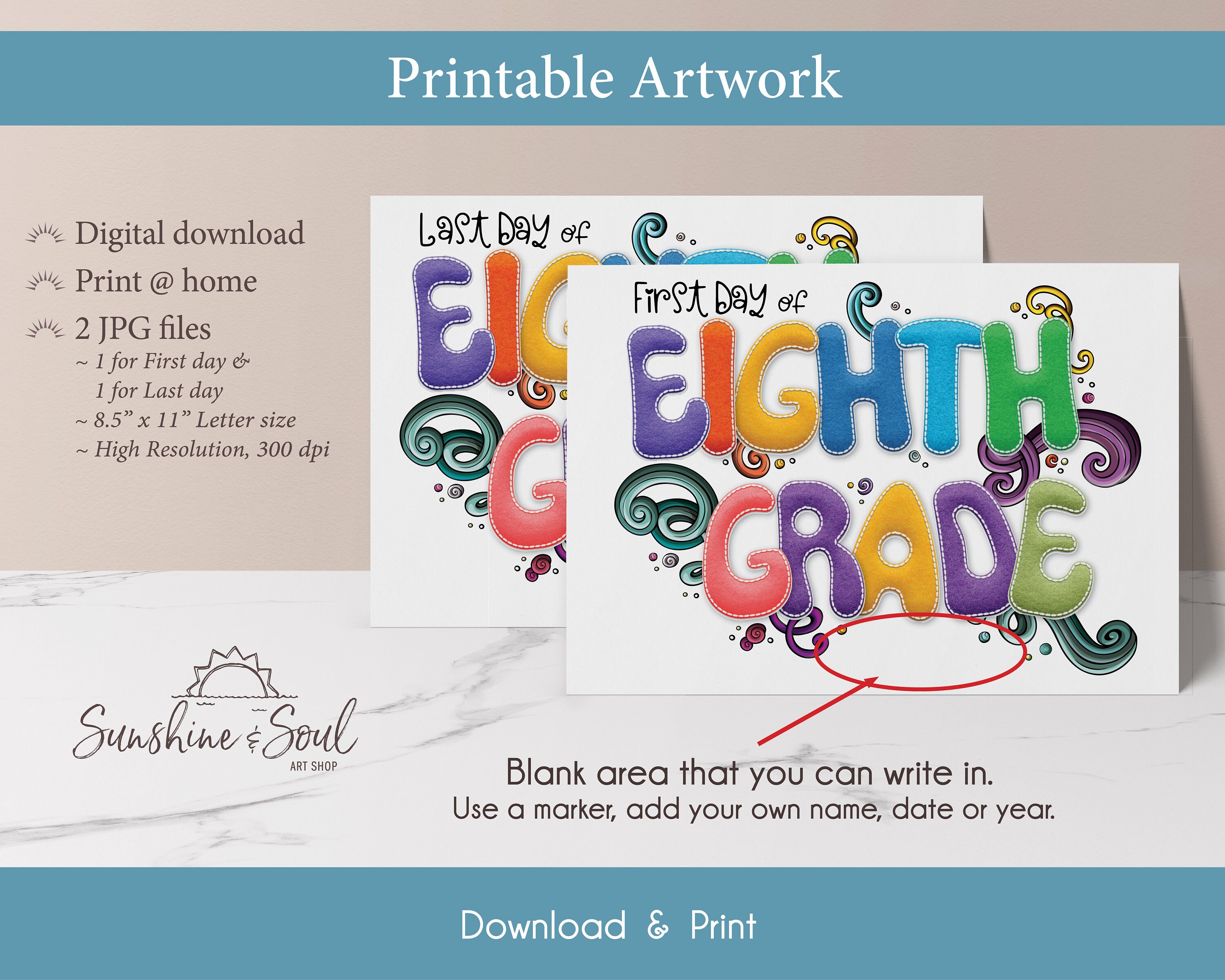 Eighth Grade, First last Day of School Sign, Printable digital Download ...