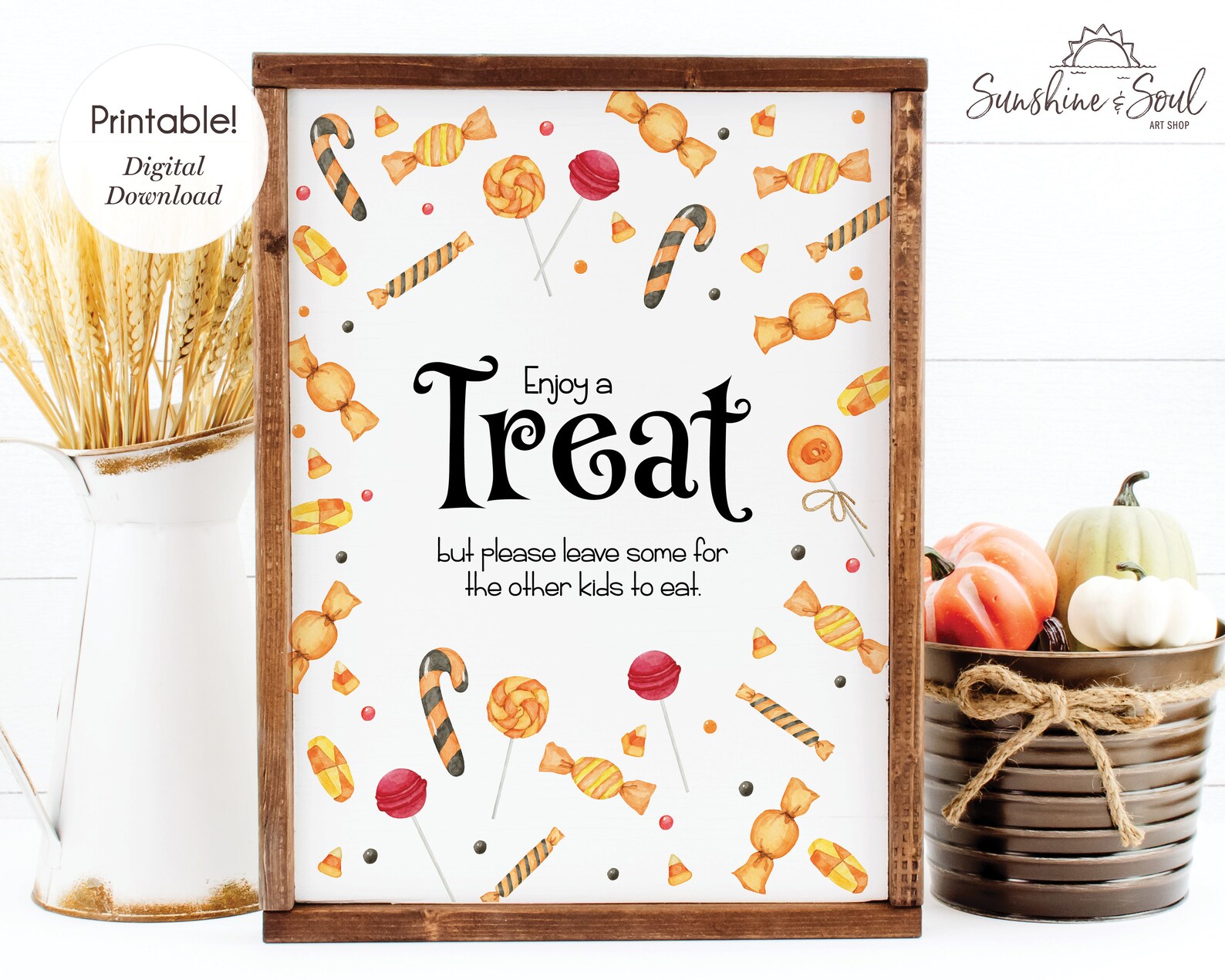 Halloween Trick or Treat Sign: Enjoy a Treat, Candy Bowl Art (digital ...