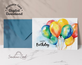 Printable Birthday Card Balloons, Watercolor Balloons Birthday Card ...