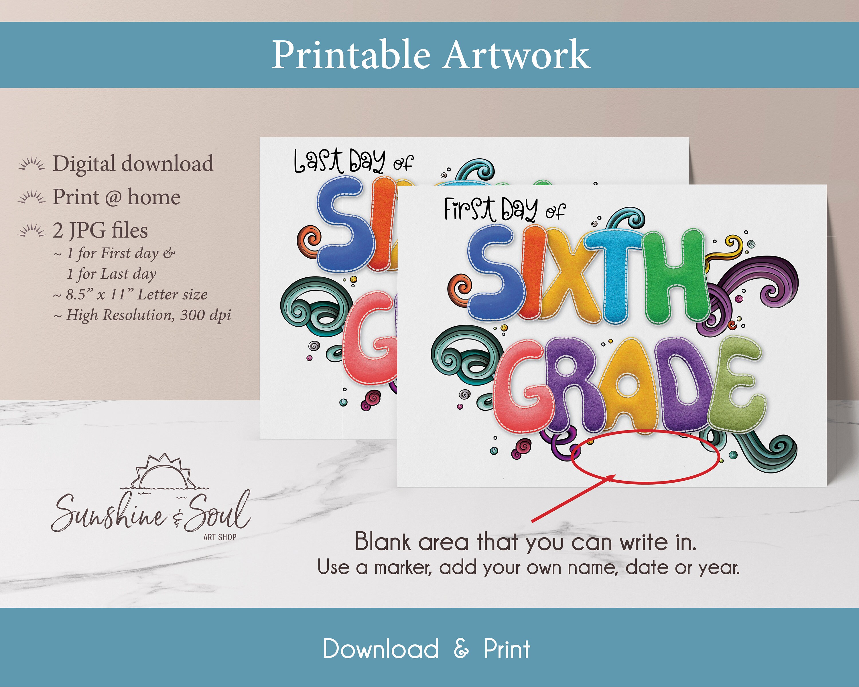 Sixth Grade, First last Day of School Sign, Printable digital Download ...