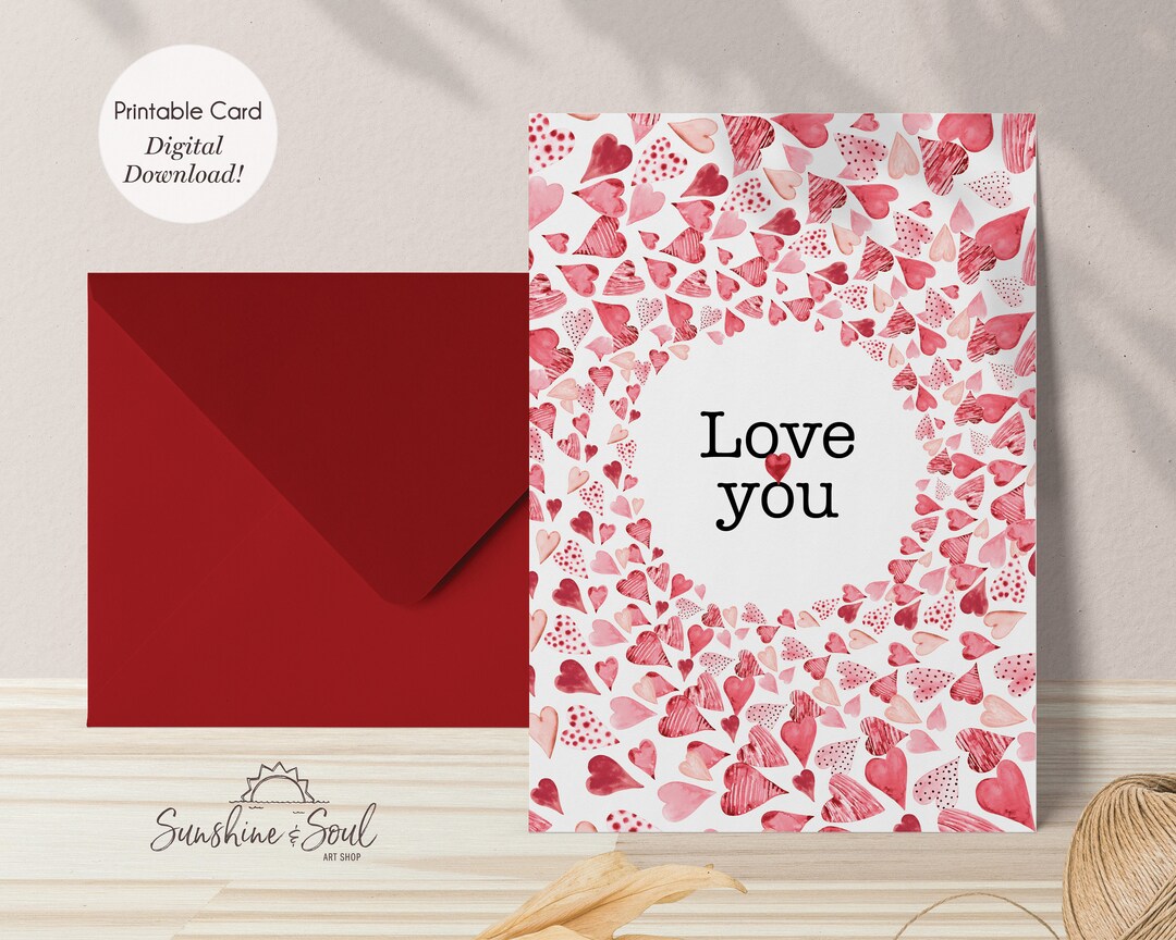 Love You Card, Lots of Hearts Printable Valentine Card digital Download ...