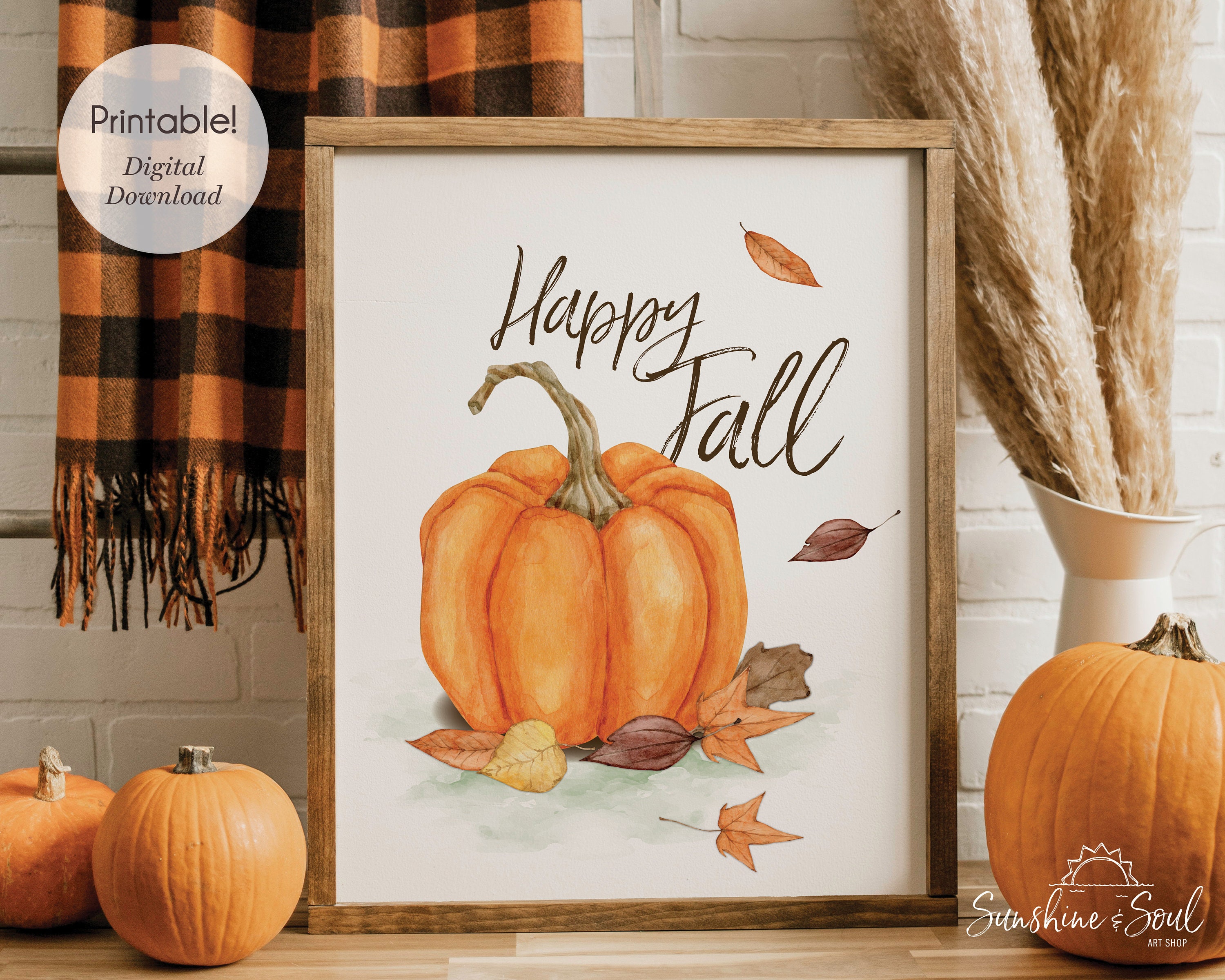 Happy Fall, Pumpkin and Leaves, Printable Wall Art (digital Download ...