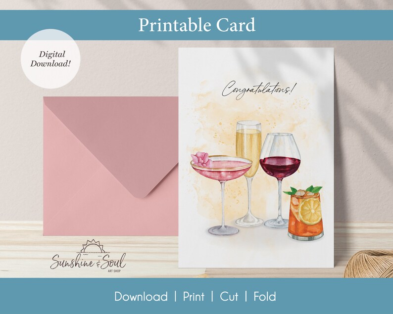 Congratulations Card, Wine and Cocktails Greeting Card, Printable Card ...