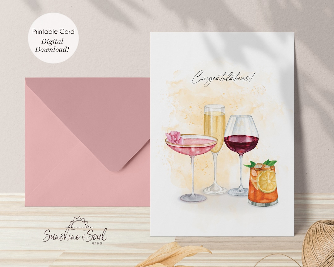 Congratulations Card, Wine and Cocktails Greeting Card, Printable Card ...