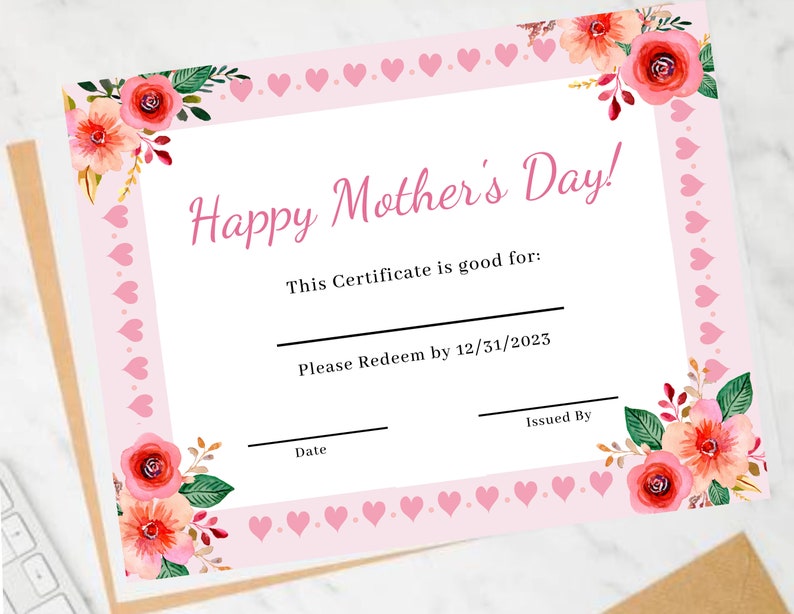Happy Mother's Day Certificate, Mother's Day Gift, DIY Gift Card, Gift ...