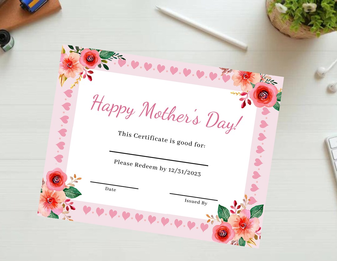 Happy Mother's Day Certificate, Mother's Day Gift, DIY Gift Card, Gift ...