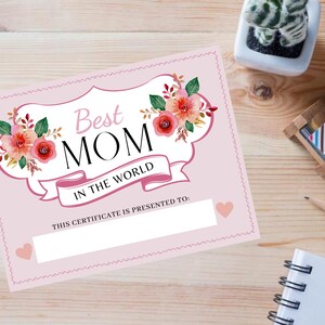 Best Mom in the World Certificate, Award for Mom, Mother's Day Gift ...