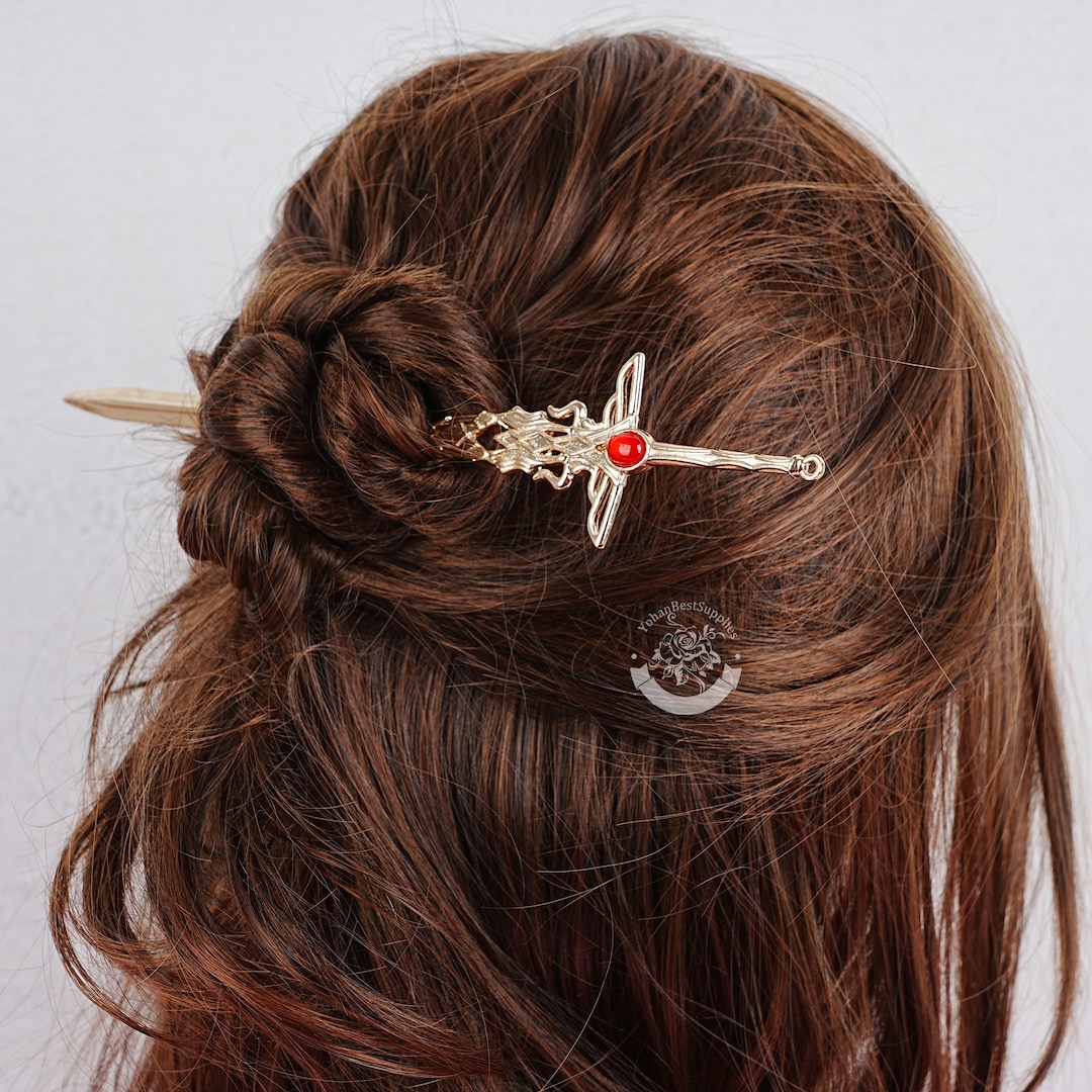 Red Gemstone Hairpin,sword Bun Holder,sword Hairpin for Girl,gold Sword ...