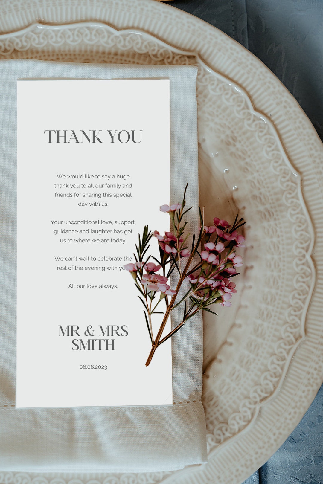 Minimalist Wedding Table Thank You Template, Thank You Napkin Note ...