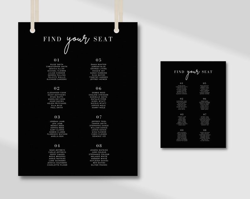 Modern Black Seating Chart Template, Editable Seating Chart, Printable ...