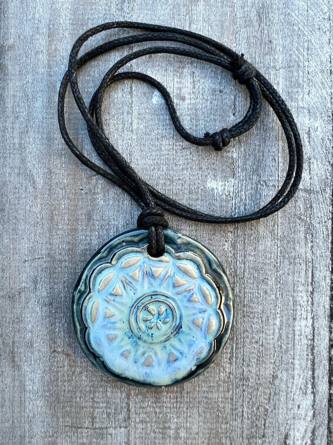 Handmade Light Blue Ceramic Medallion Pendant: Adjustable Cord Necklace ...