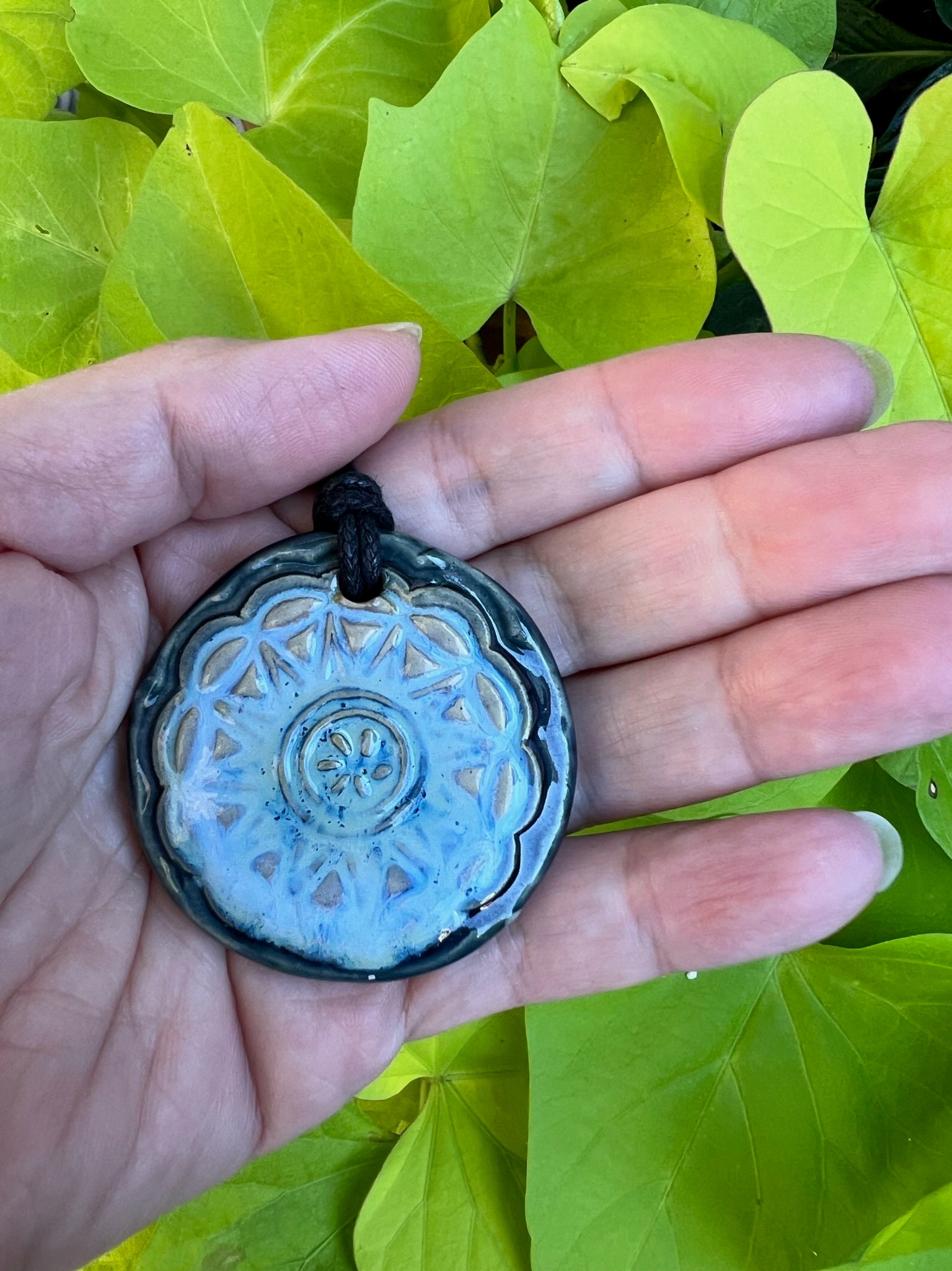 Handmade Light Blue Ceramic Medallion Pendant: Adjustable Cord Necklace ...