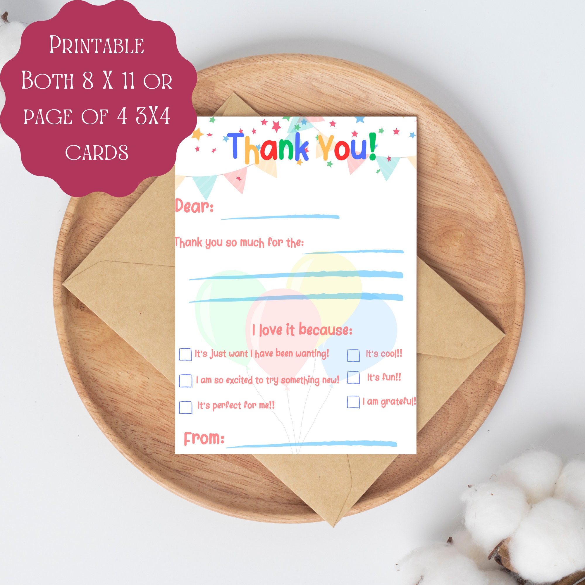 Easy Printable Fill-in Thank You Cards for Kids Cute Notecards for ...