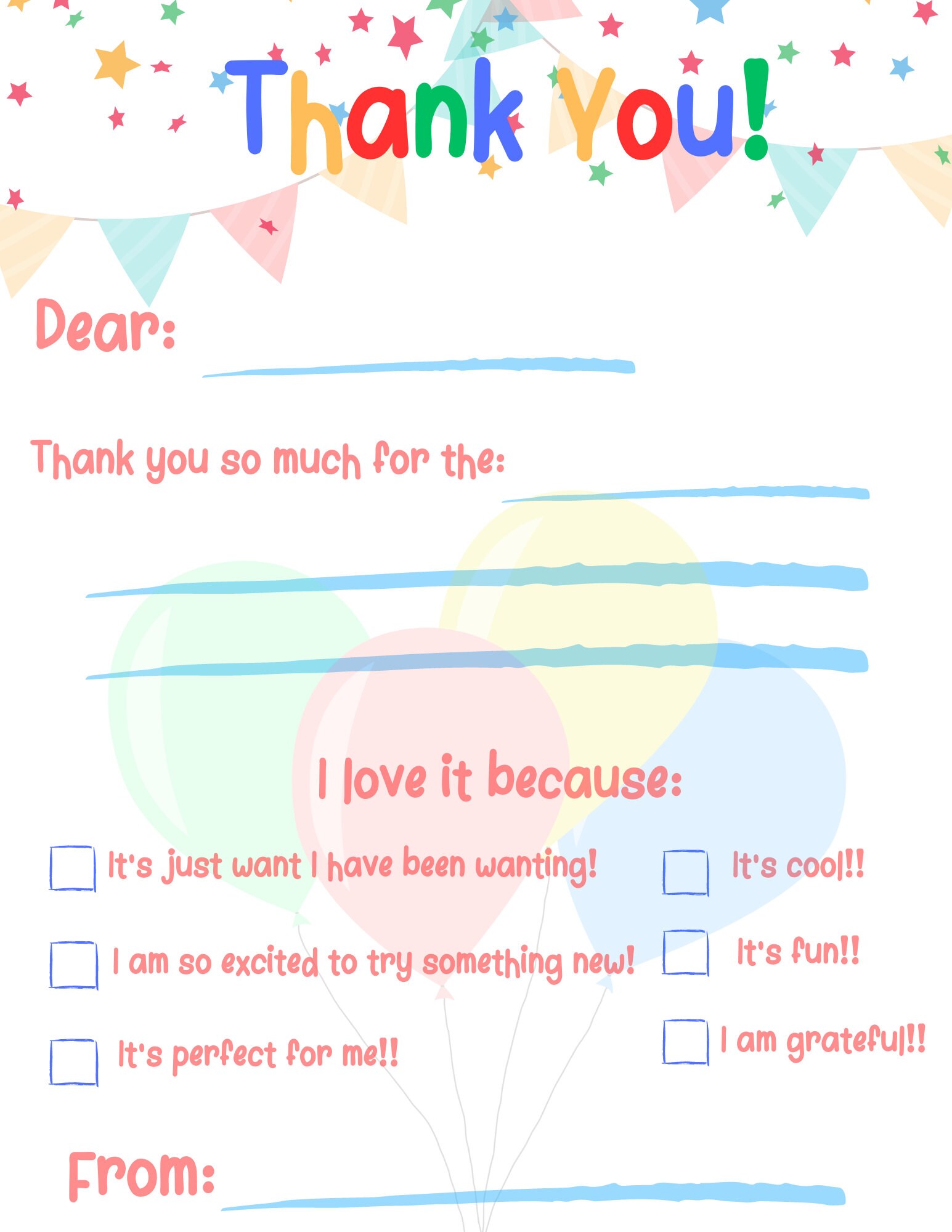 Easy Printable Fill-in Thank You Cards for Kids Cute Notecards for ...