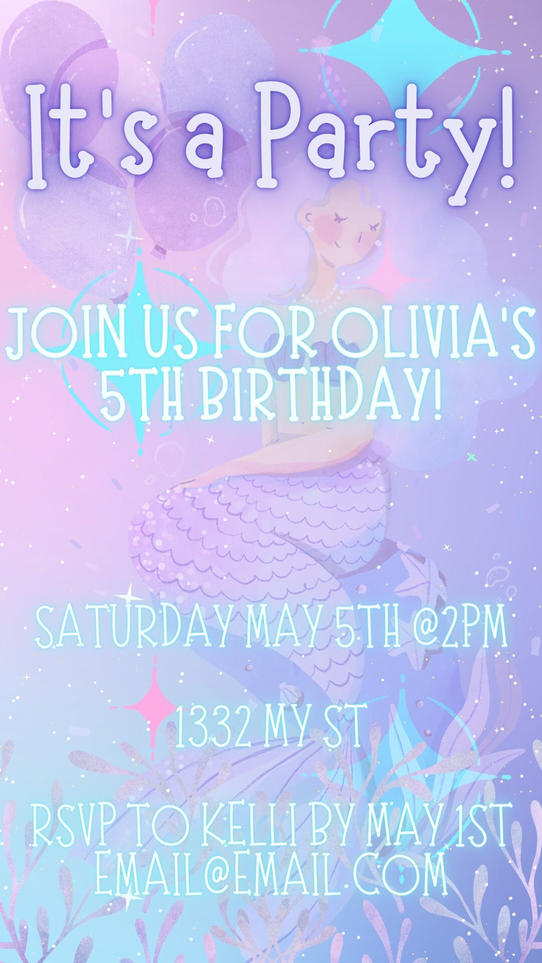 EDITABLE Digital E-vite, Mermaid Birthday Evite, Mermaid Girl ...