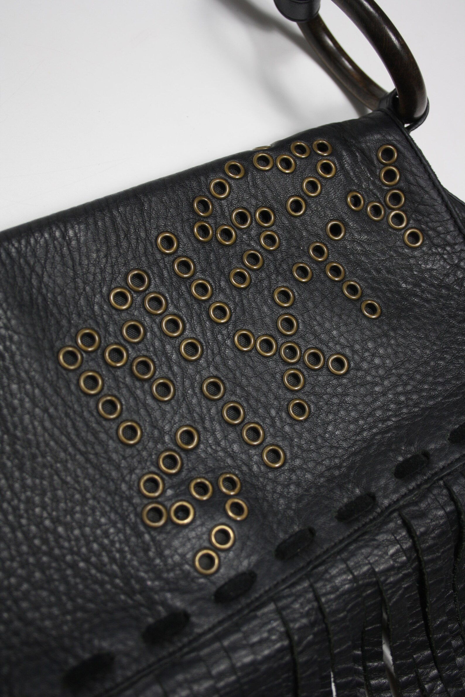Miss Sixty 2000s Vintage Fringed Leather Hand Shoulder Bag Studded Logo ...