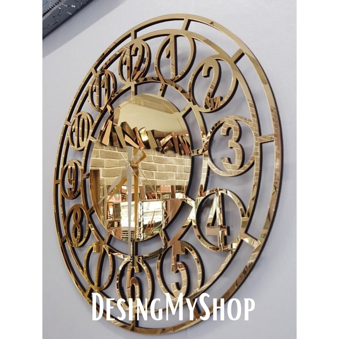 Gold Wall Clock, Mirror Clock, Gold Numeral Clock Mirror, Large Wall ...