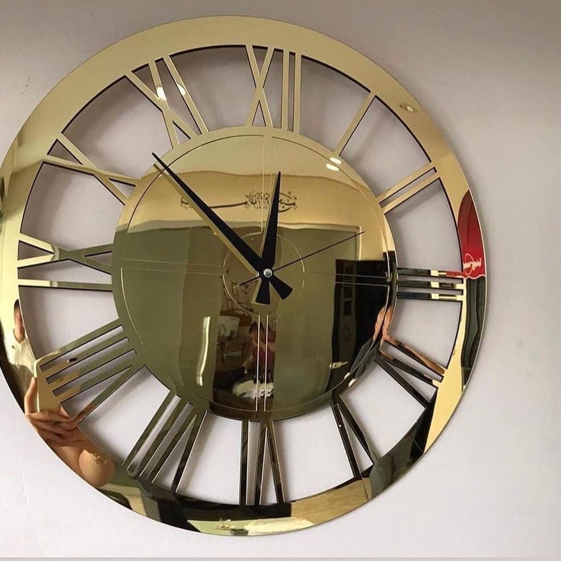 Gold Wall Clock, Mirror Clock, Gold Colored Roman Numerals on a Round ...