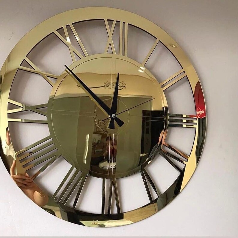 Gold Wall Clock, Mirror Clock, Gold Colored Roman Numerals on a Round ...