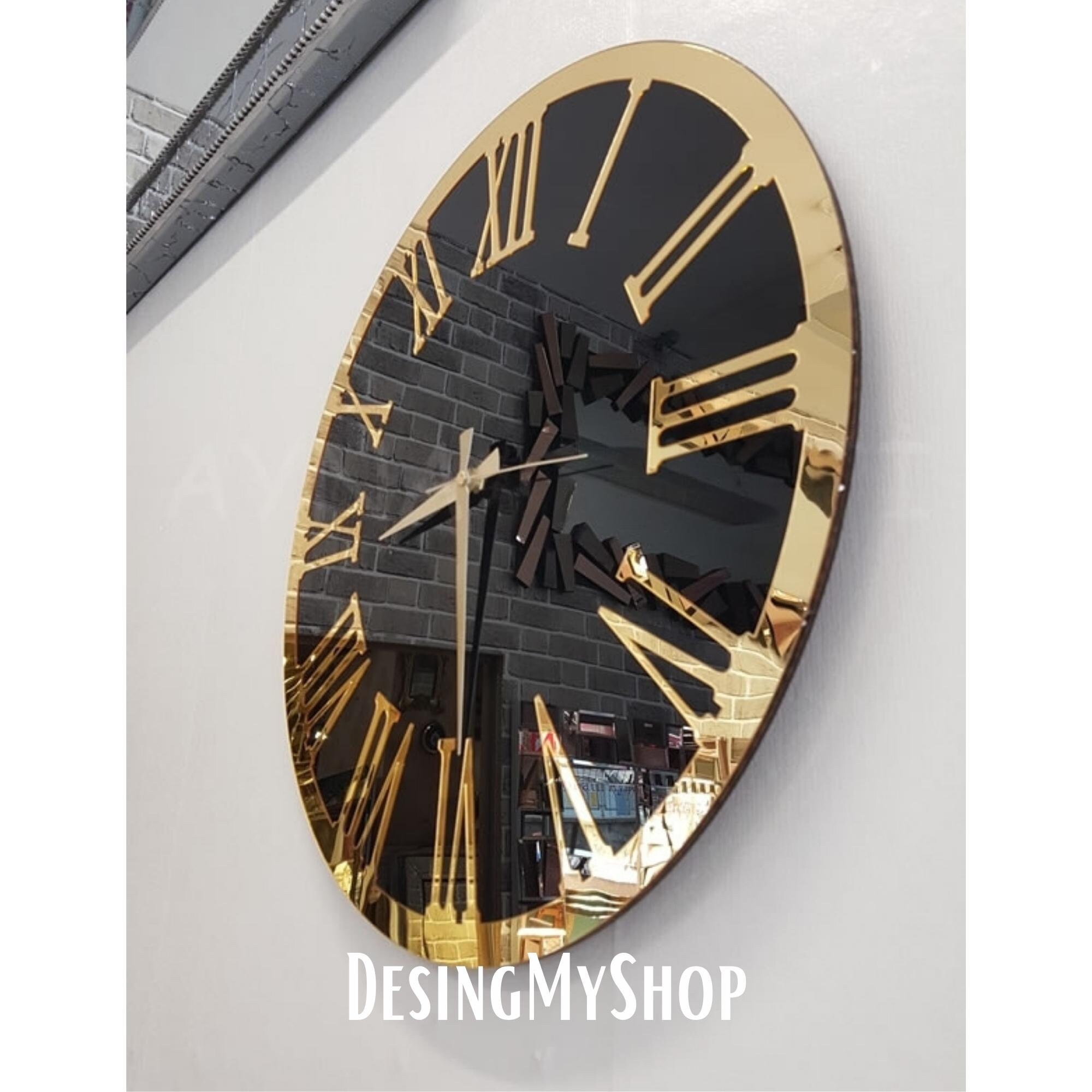 Handmade Black Mirror Wall Clock, Gold or Black Real Mirror Large Wall ...