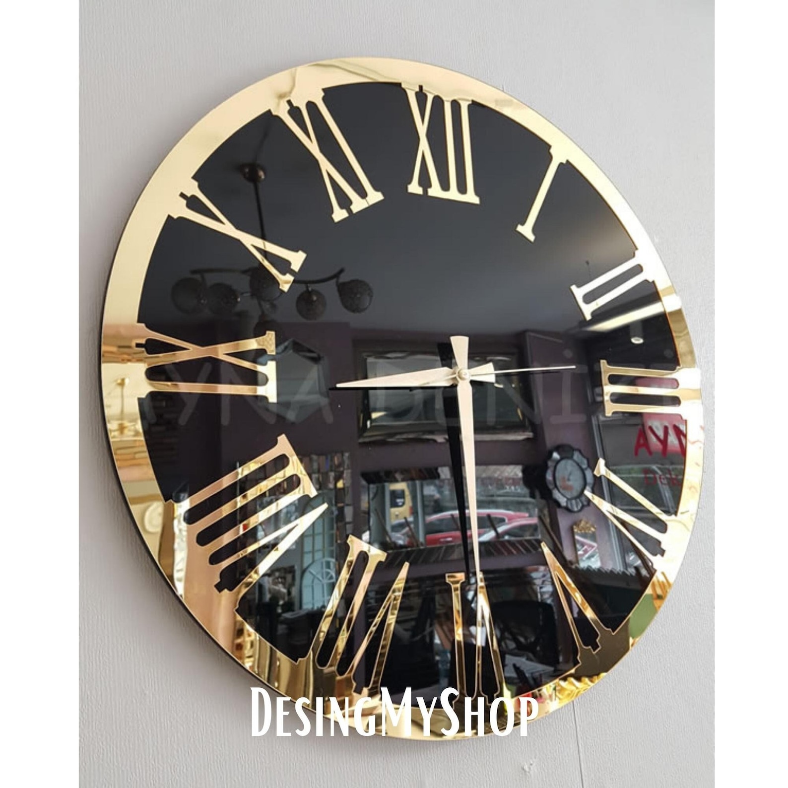 Handmade Black Mirror Wall Clock, Gold or Black Real Mirror Large Wall ...