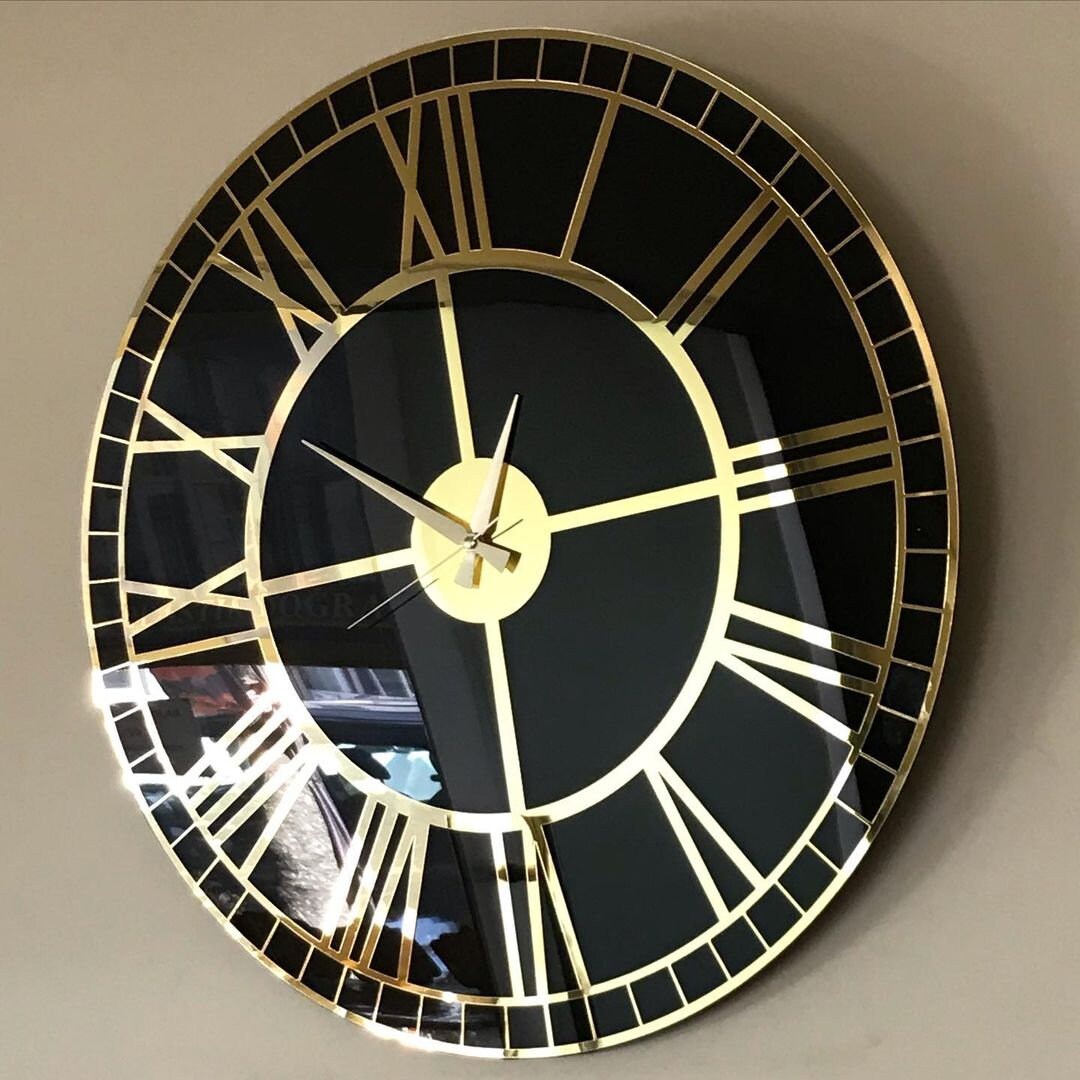 Black Gold Large Wall Clock, Mirror Clock, Gold Colored Roman Numerals ...