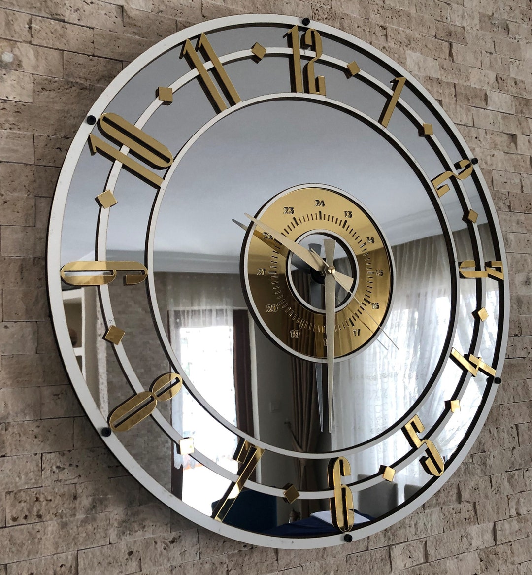 Gold Large Wall Clock, White Silver Mirror Clock, Silver Colored ...
