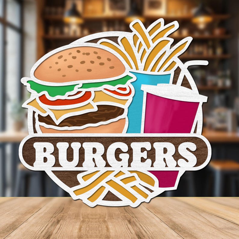 Burger Sign SVG, Fast Food Door Hanger Laser Cut File, Cafe Decor SVG ...