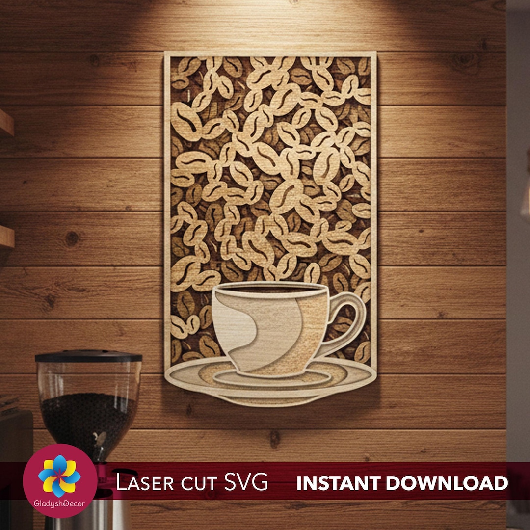 3D Coffee Cup Layered SVG, 5-layer Coffee Beans Wall Art File, Coffee ...